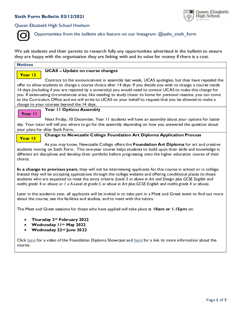 Fillable Online QEHS Hexham: Sixth Form (qehssixthform)... Fax Email ...