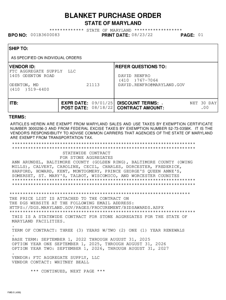Fillable Online dgs maryland ADPICS Blanket Purchase Order Financial ... - DoIT Fax Email Print ...