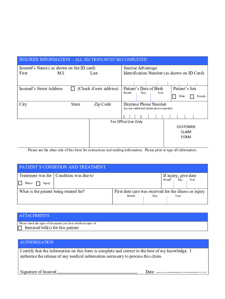 Fillable Online Sunrise Advantage - EZ NET - Claim Form. EZ NET - Claim ...