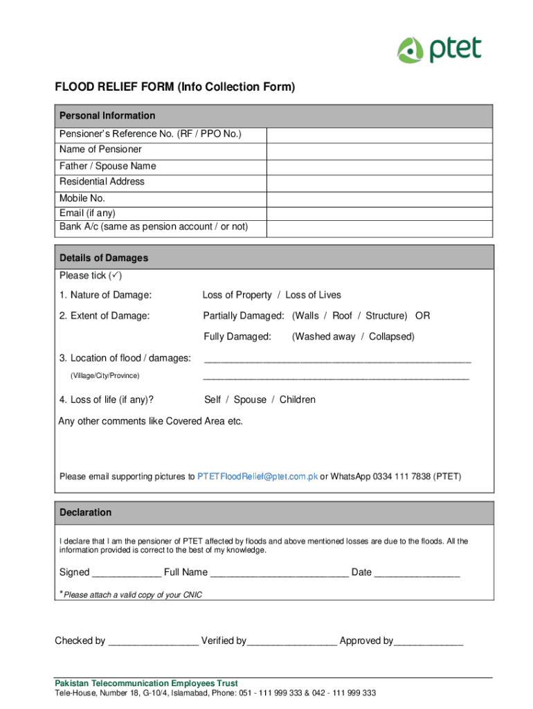 Fillable Online FLOOD RELIEF FORM (Info Collection Form) Fax Email ...