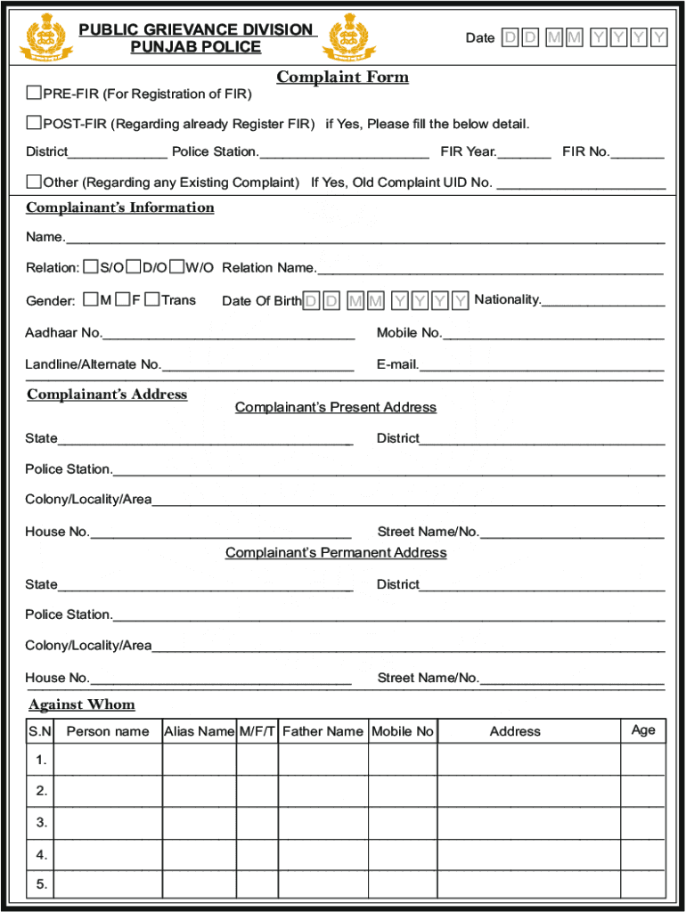 Punjab Police Complaint Form - Blank Fillable Template | Fill Out ...