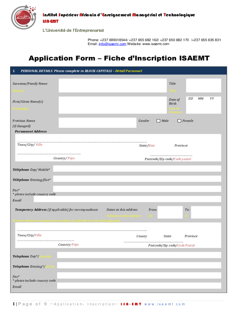 Fillable Online Application FormFiche d'Inscription ISAEMT Fax Email Print - pdfFiller