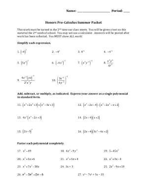 Fillable Online Honors algebra 2 summer packet. For a circuit, start at ...
