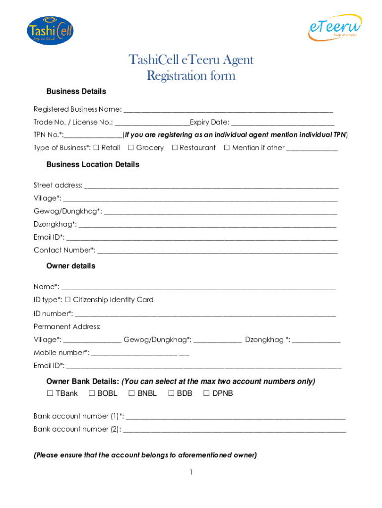 Fillable Online TashiCell eTeeru Agent Registration form Fax Email ...