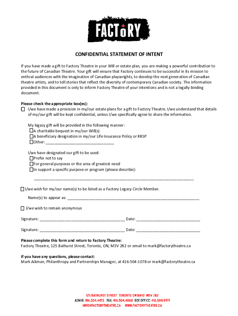Fillable Online Factory Theatre - Confidential Statement of Intent Fax ...