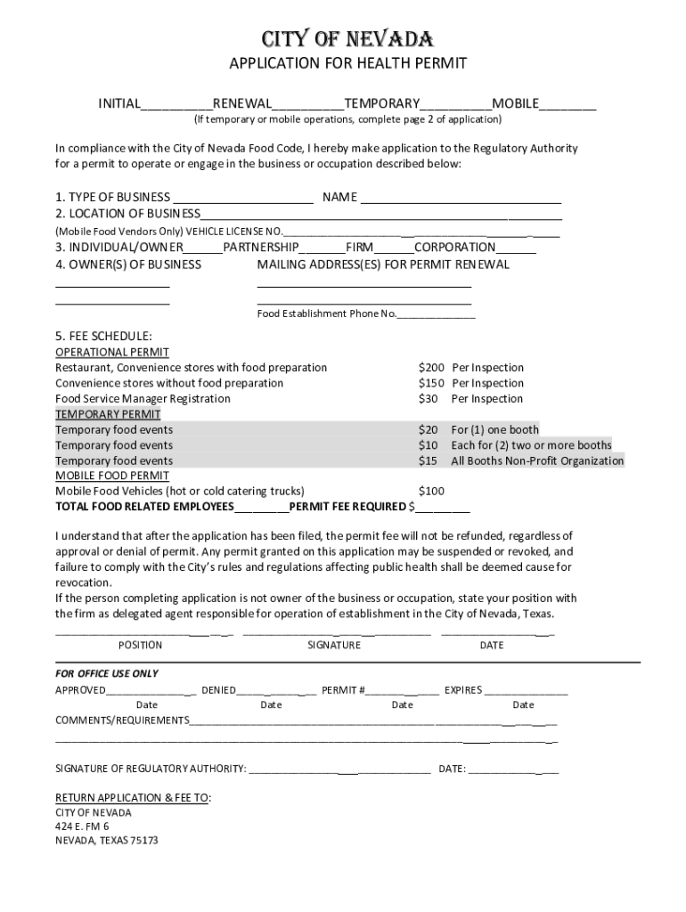 2020-2025 Form TX Application for Health Permit - City of Nevada Fill ...