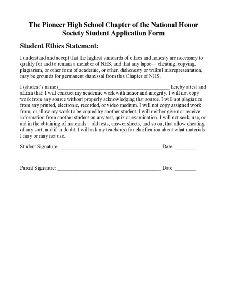 Fillable Online National Honor Society Student Application Form Checklist Fax Email Print ...