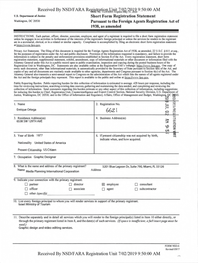 Fillable Online Received By NSD/FARA ReatjgaT/f)9:50:00 AM Short Form ...