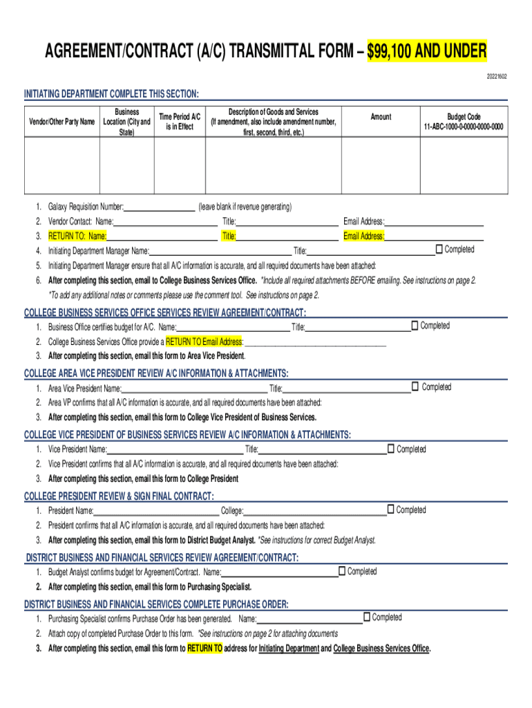 Fillable Online AGREEMENT/CONTRACT (A/C) TRANSMITTAL FORM$95,200 AND UNDER Fax Email Print ...
