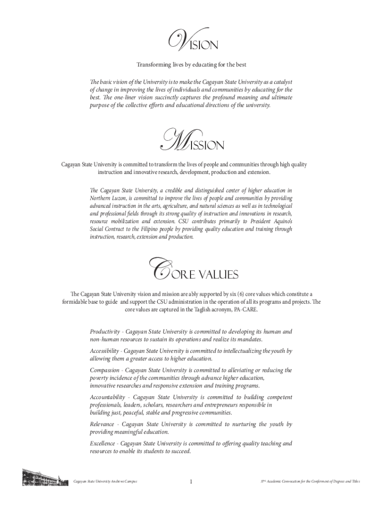 Fillable Online csu edu VISION MISSION CORE VALUES - Cagayan State ...