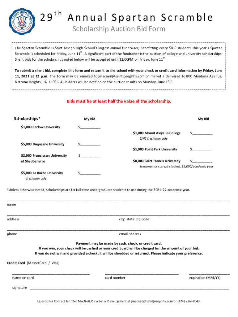 Fillable Online Annual Spartan Scramble - Scholarship Auction Bid Form ...