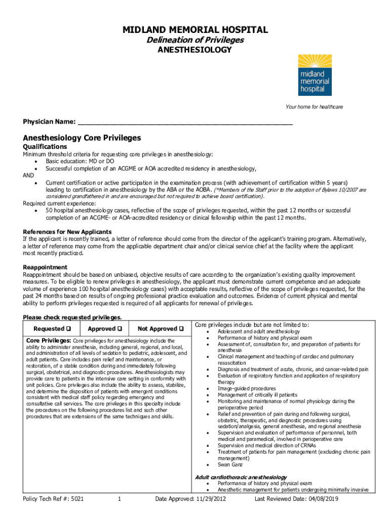 Fillable Online Delineation Of Privileges Anesthesia Privileges ...