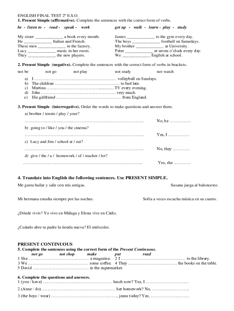 Fillable Online Test on Simple Present 2 - English Grammar Online Fax ...