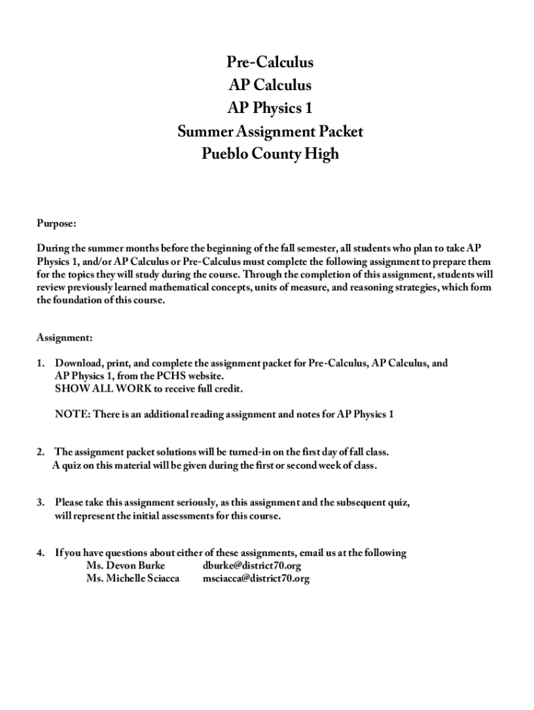 Fillable Online pch district70 Pre-Calculus AP Calculus AP Physics 1 ...