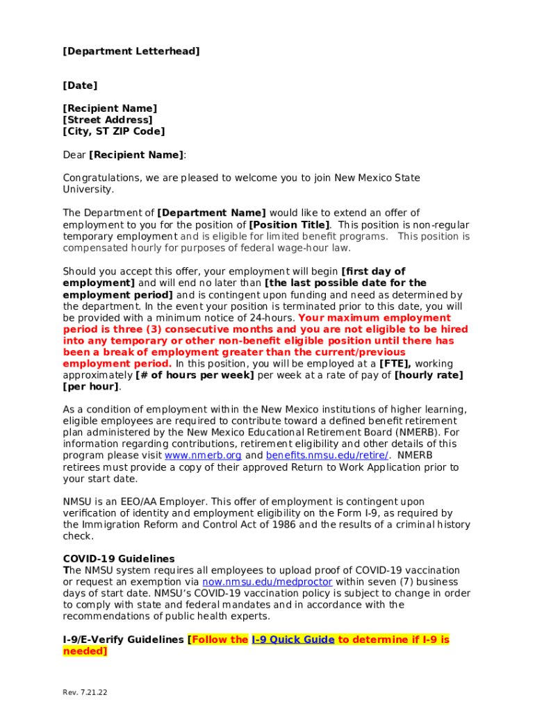Sample Offer Letter w/ Contingency - NMSU HR Services - hr nmsu Doc ...