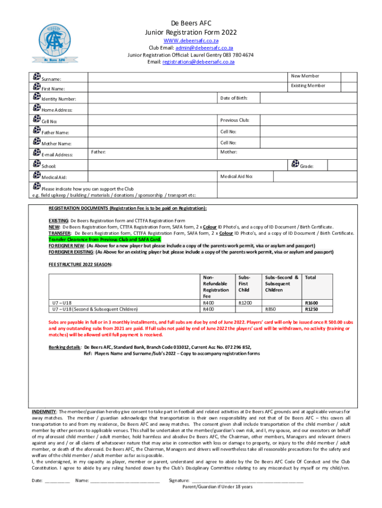 Fillable Online De Beers Afc - De Beers 1st team pre-season training ...