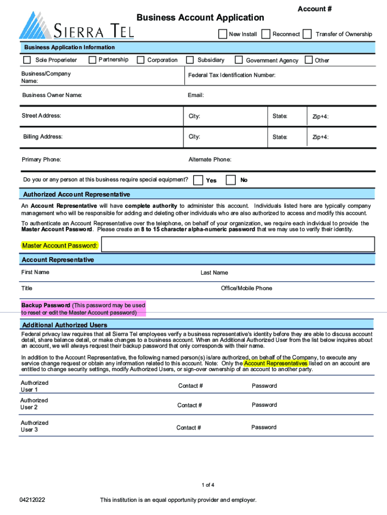 Fillable Online Business Account Application - Sierra Tel Fax Email ...