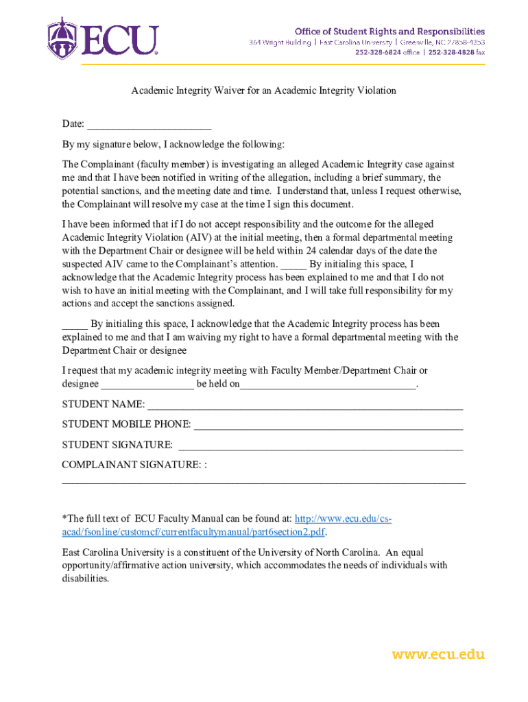 Fillable Online Academic Integrity Waiver for an Academic Integrity ...