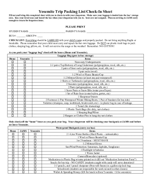 Fillable Online Yosemite Trip Packing List/Check-In Sheet - Ms ...