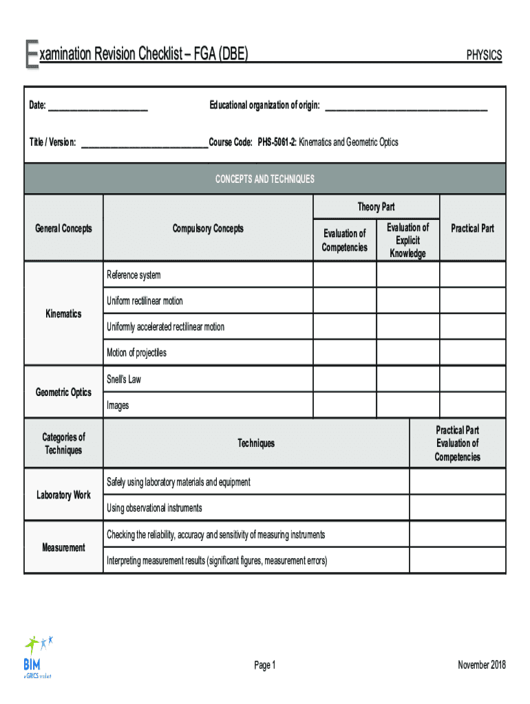 Fillable Online bimenligne qc Examination Revision Checklist FGA (DBE) Fax Email Print - pdfFiller