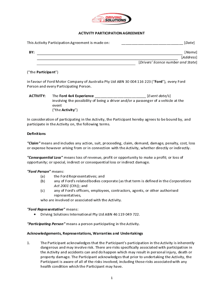 Fillable Online activity participation agreement - Driving Solutions ...