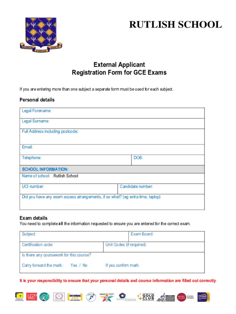 Fillable Online External Applicant Registration Form for GCE Exams Fax ...