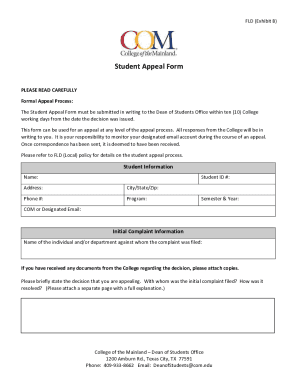 Fillable Online Student Appeal Form - College of the Mainland Fax Email ...