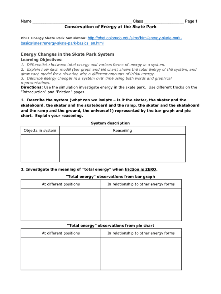 Fillable Online KEY Energy Skate Park Basics PhET Activity 1. Explore ...