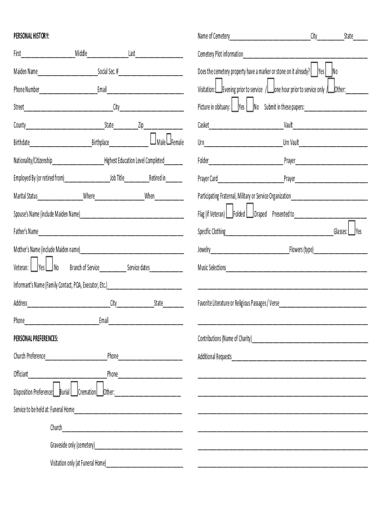 Fillable Online PERSONAL HISTORY - Byron Funeral Home Fax Email Print - pdfFiller