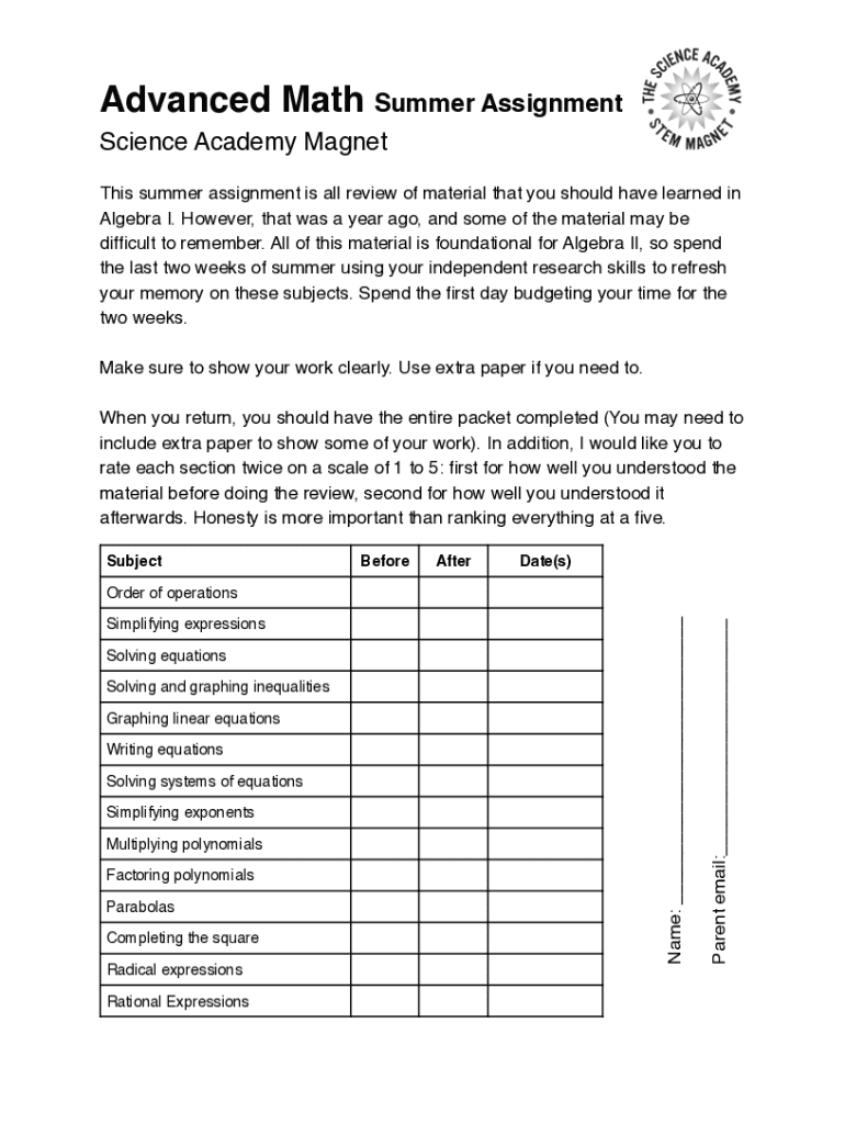 Fillable Online Summer Assignments - Cobb County School District Fax ...