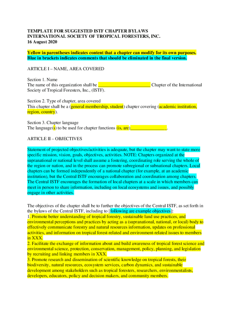 Fillable Online TEMPLATE FOR SUGGESTED ISTF CHAPTER BYLAWS ... Fax ...