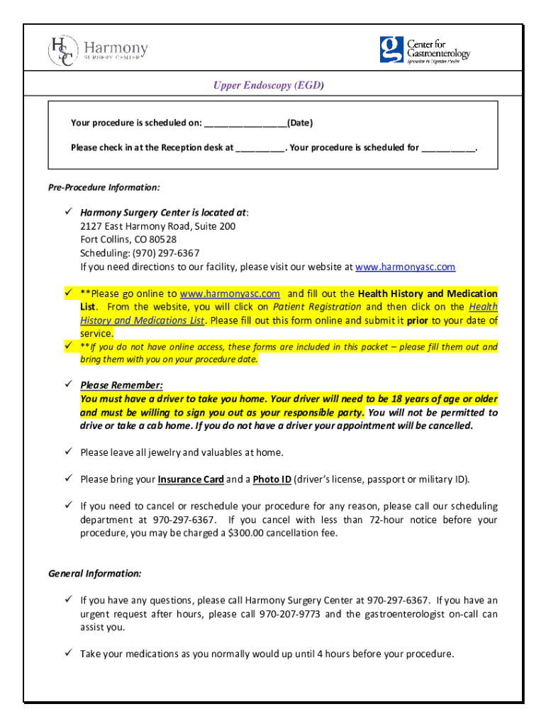 Fillable Online Colonoscopy Prep Instructions - Harmony Surgery Center ...