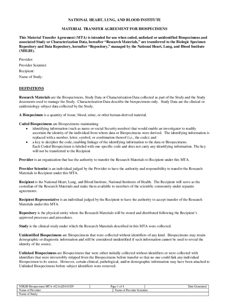 Fillable Online biolincc nhlbi nih NIDDK CR Material Transfer Agreement ...