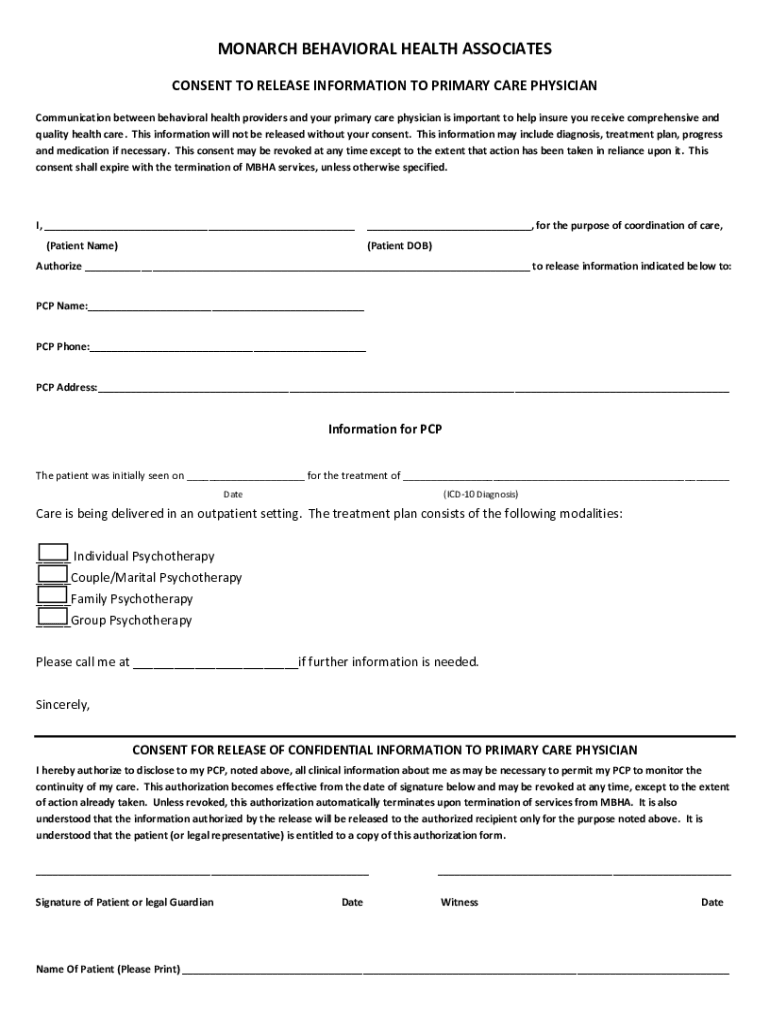 Fillable Online Authorization for Behavioral Health and Primary Care ...