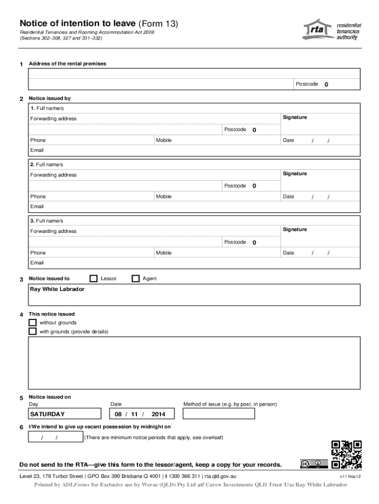 Fillable Online Notice of intention to leave (Form 13)Utopia Rentals ...