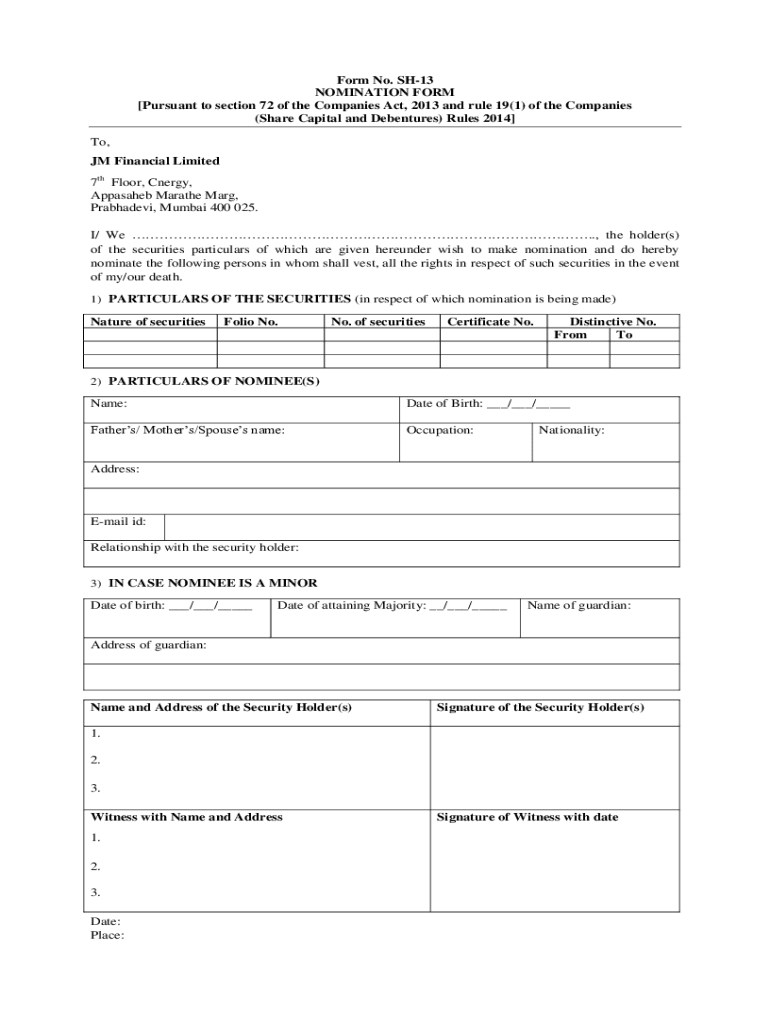Fillable Online Form No. SH-13 NOMINATION FORM Pursuant to section 72 ...