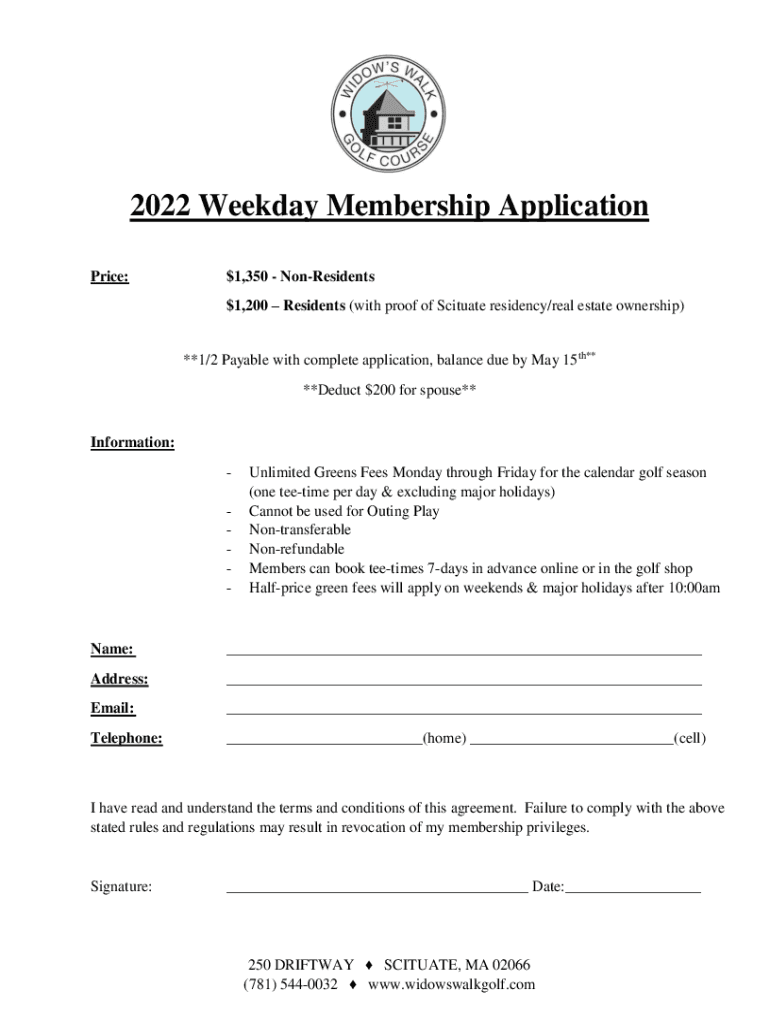 Fillable Online 2022 Weekday Membership Application Fax Email Print ...