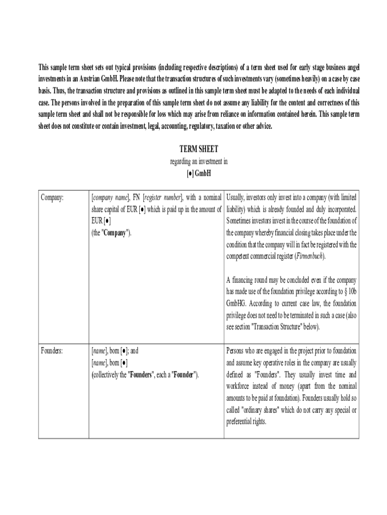 Fillable Online The Angel Investor Term Sheet Template A Guide to ...