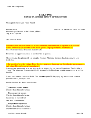 Notice of Adverse Benefit Determination s Doc Template | pdfFiller