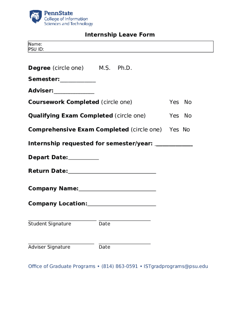 Internship Leave Name - ist psu Doc Template | pdfFiller