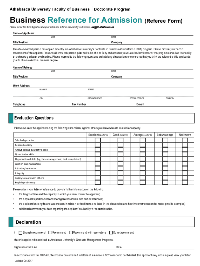 Fillable Online Reference and Appraisal Form - Athabasca University Fax ...