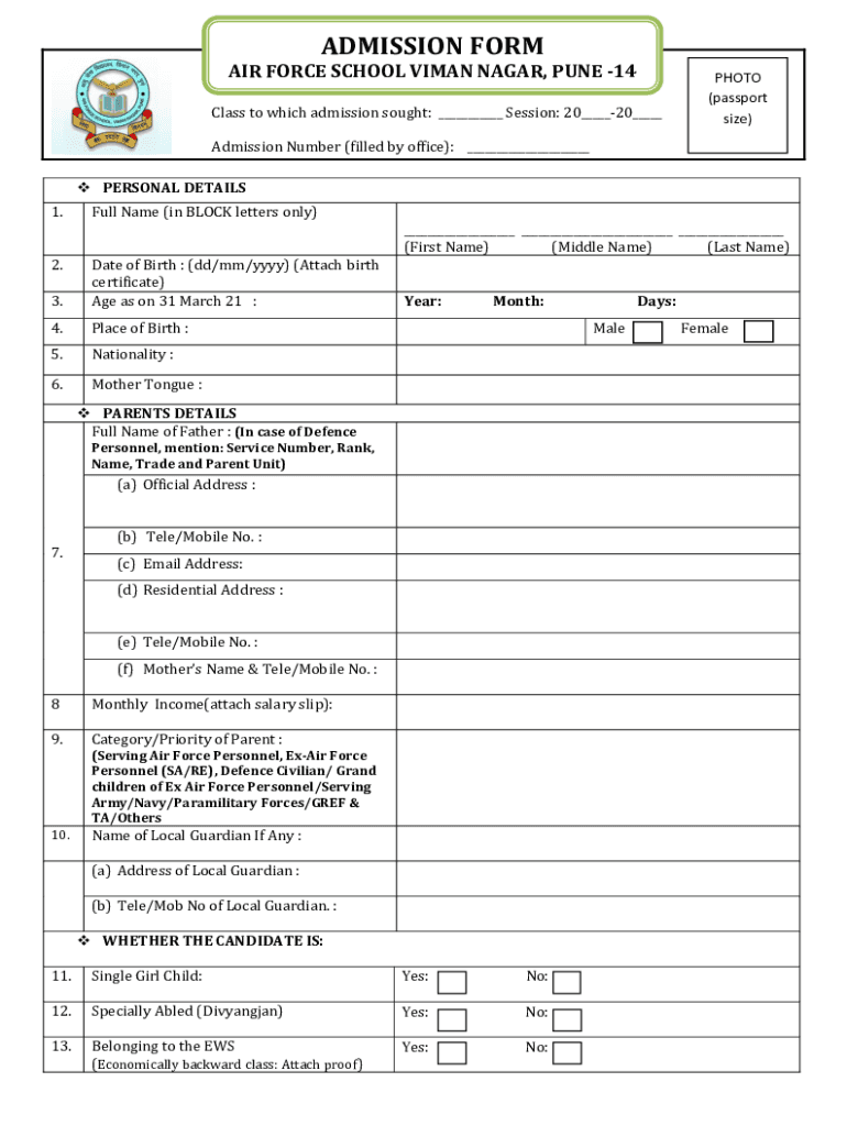 Fillable Online Admission Form: Air Force School Viman Nagar, Pune - Scribd Fax Email Print ...