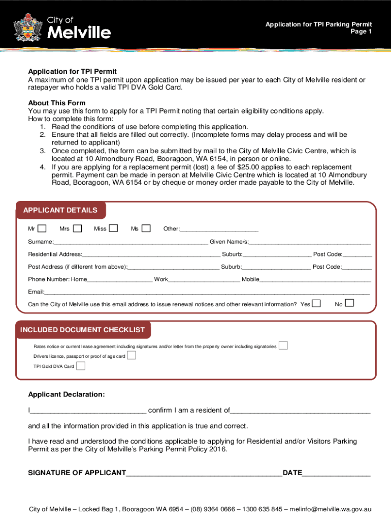 Fillable Online Application for TPI Parking Permit Page 1 - City of Melville Fax Email Print ...