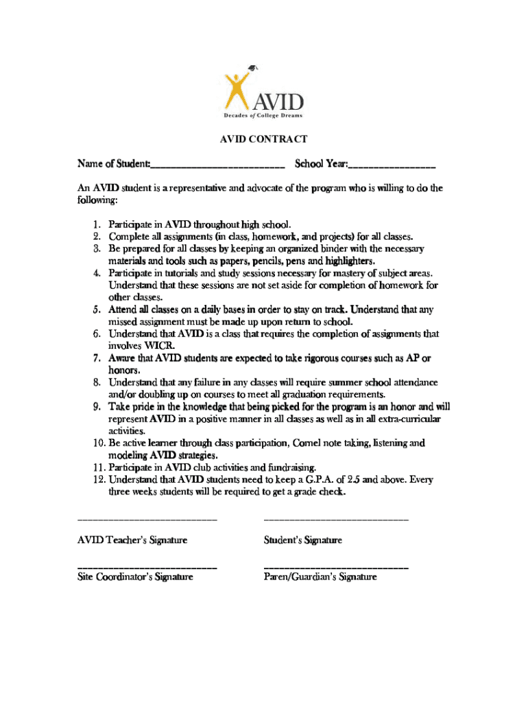 Fillable Online AVID Student Agreement(1 of 2) Fax Email Print - pdfFiller