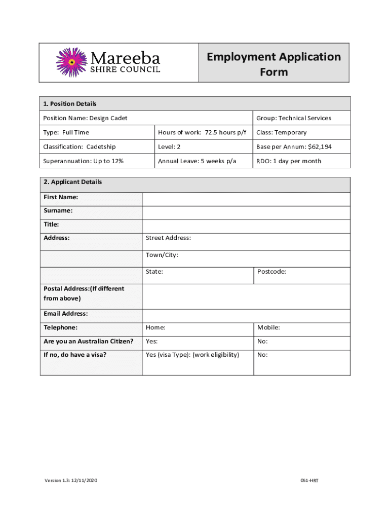 Fillable Online Employment Application Form - Mareeba Shire Council Fax ...
