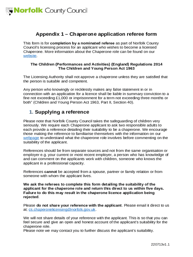 Appendix 1Chaperone application referee Doc Template | pdfFiller