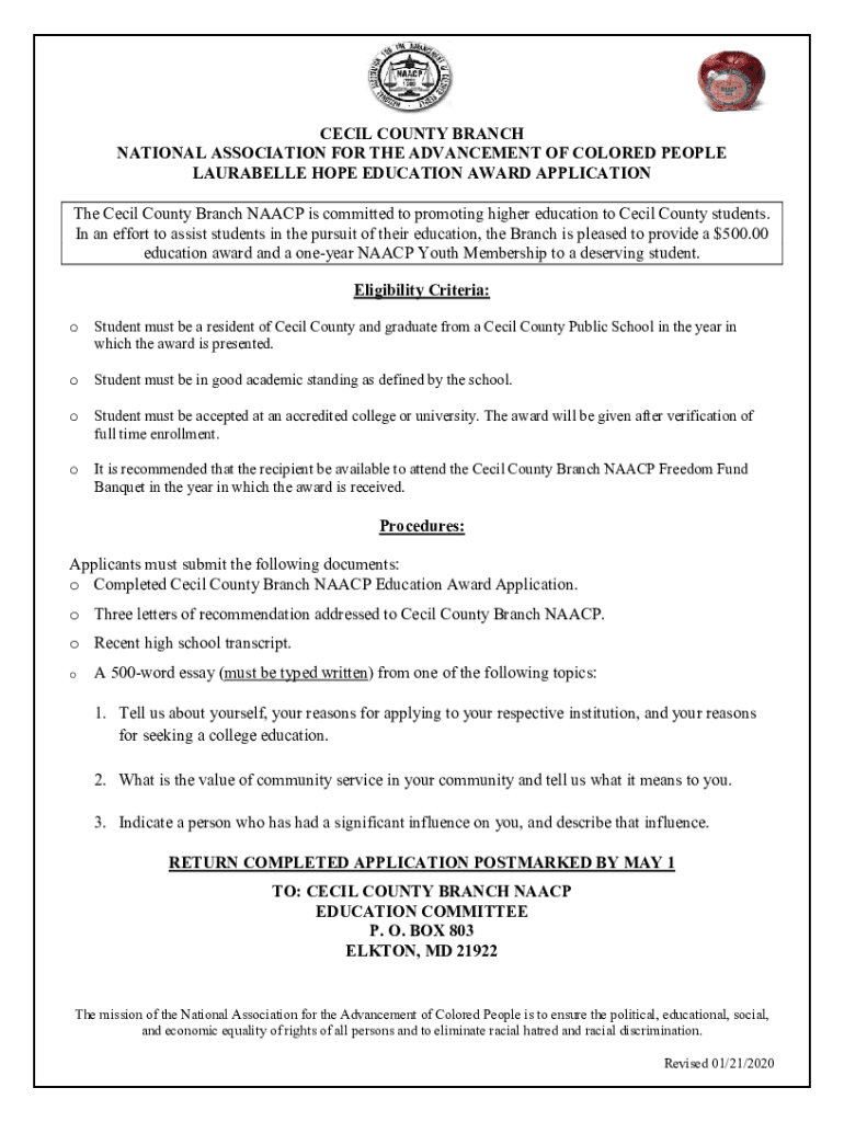 Fillable Online Cecil County Branch NAACP Education Award Application ...