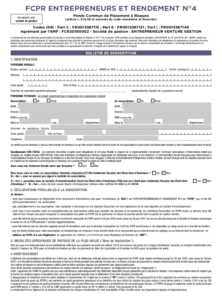 Fillable Online FCPR ENTREPRENEURS ET RENDEMENT N4 - Intencial Fax ...