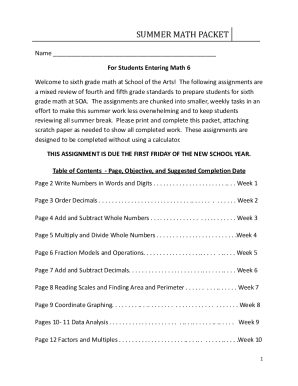 Fillable Online Students Entering Sixth Grade Summer Math Packet Fax ...