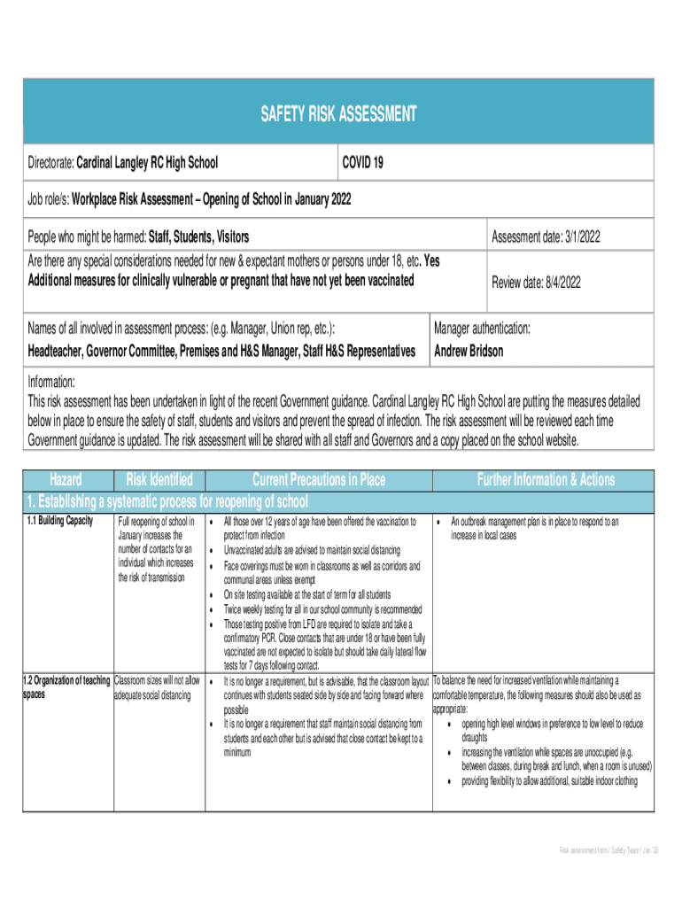 Fillable Online safety risk assessment - Cardinal Langley RC High ...